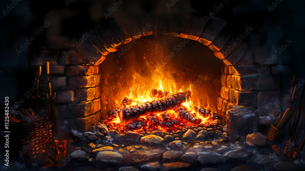 Softly glowing embers in a stone hearth crackle and spew wisps of smoke ...