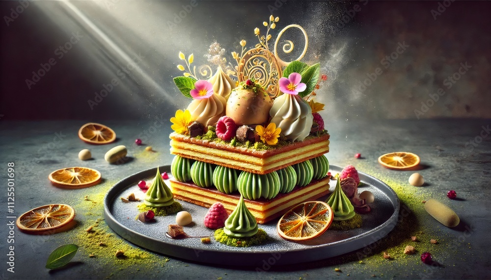 Photo & Art Print Delicious mille-feuille pastry decorated with flowers ...