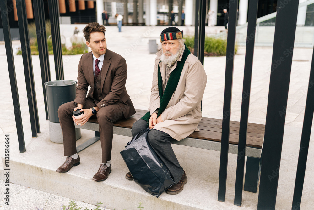 Successful handsome businessman in suit holding coffee cup, talking and ...