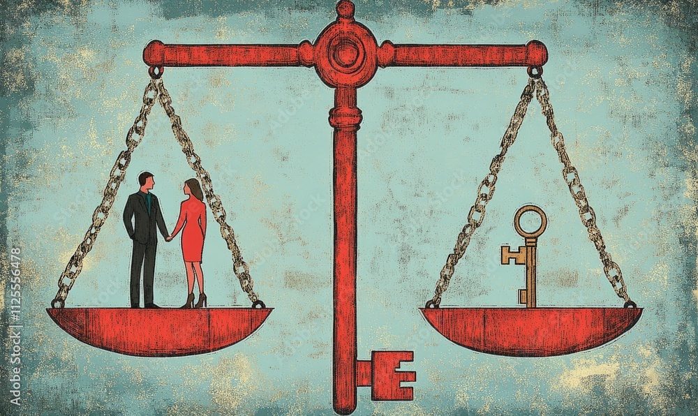 An illustration showing a scale with a man and woman on one side, and a ...