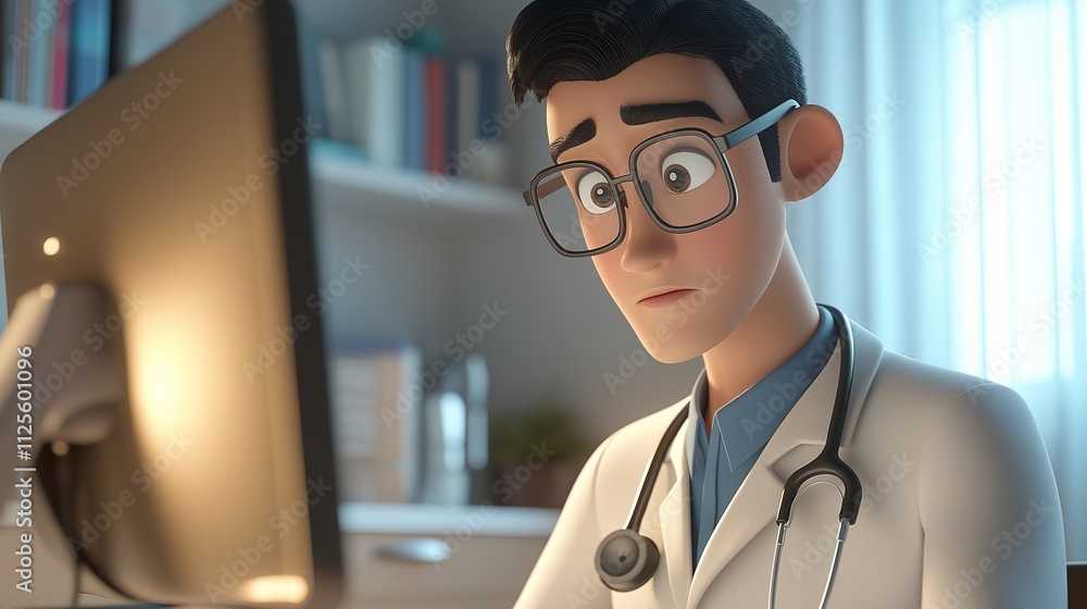 Cartoon doctor with glasses and stethoscope looking concerned while ...