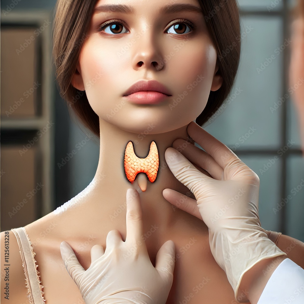 Thyroid disease. Woman points to her neck where the thyroid gland is ...