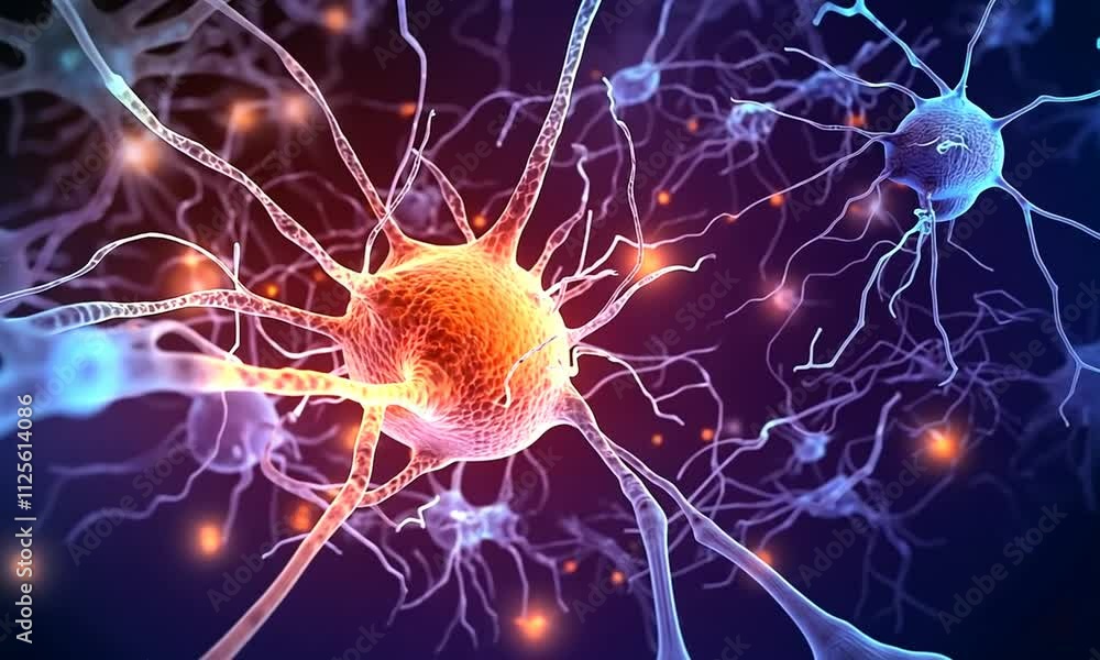 This image depicts a vibrant, stylized representation of a neuron ...