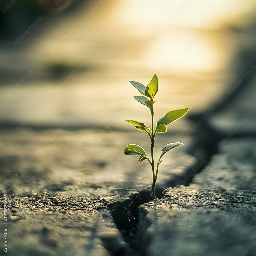 Macro photograph of a small plant growing out of a crack in concrete ...