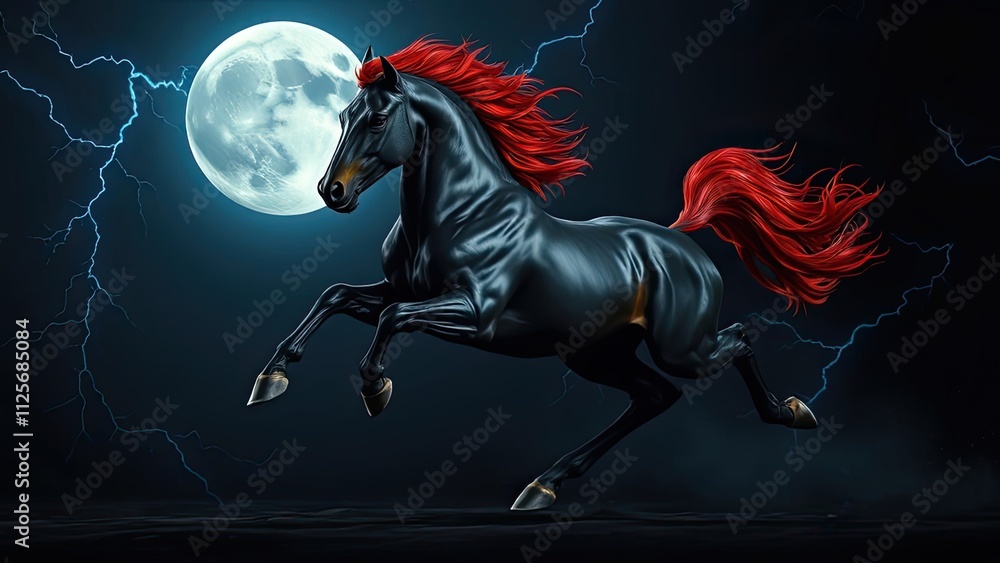 A powerful stallion runs fiercely on an inky-black canvas with ...
