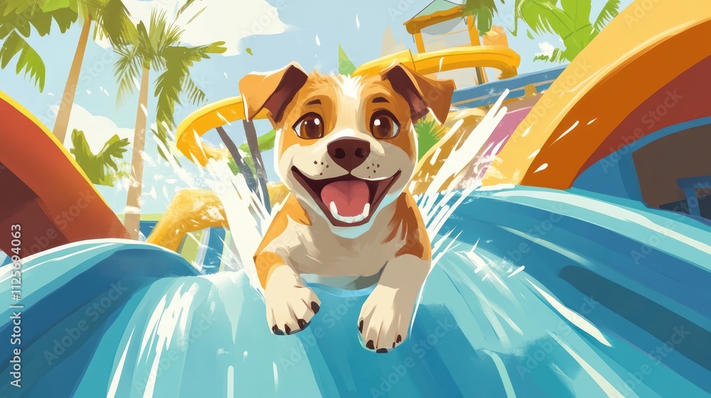 Illustration of a happy dog riding a slide in a water park. Dog having ...