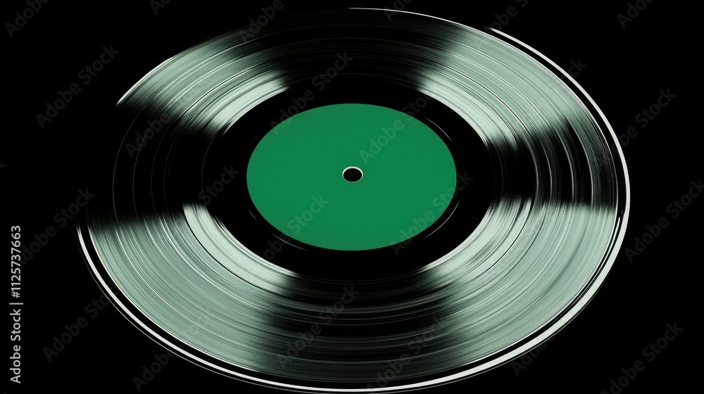 Vintage vinyl record with a blank green label on a black background ...