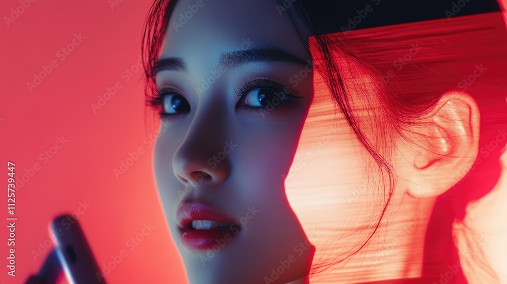 Young Asian woman examining her facial features using a mobile app with ...