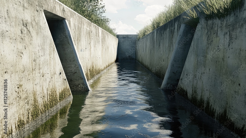 Concrete drainage ditch with flowing water in a wastewater treatment ...