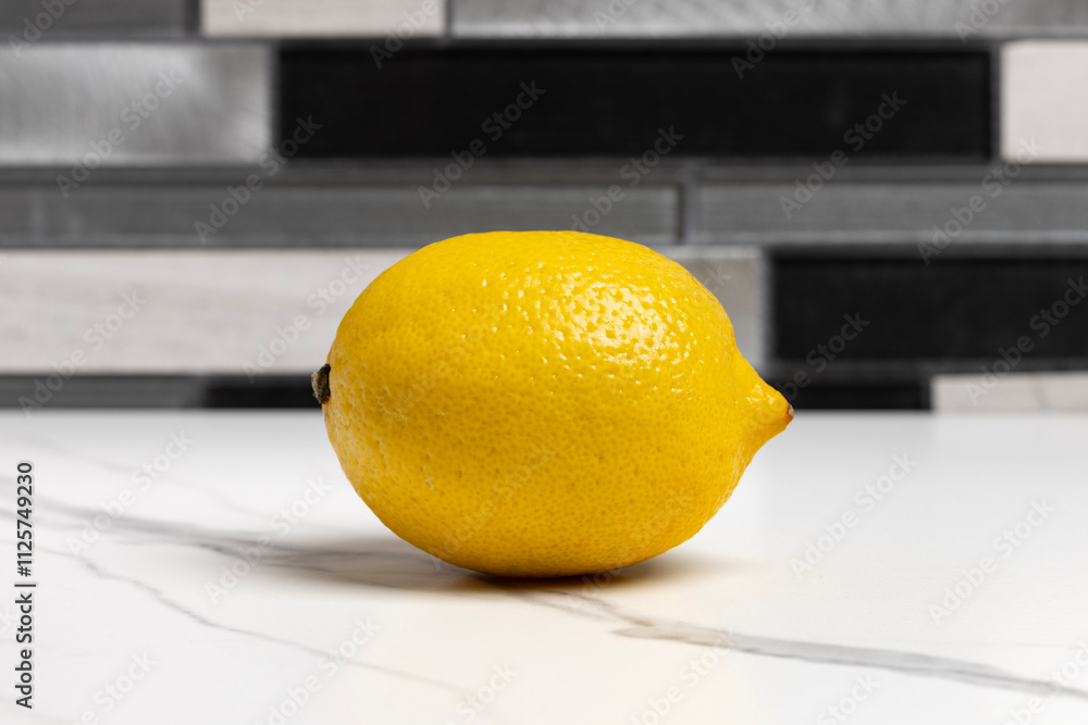 Poster An uncut lemon on white marble kitchen countertop with a multi ...