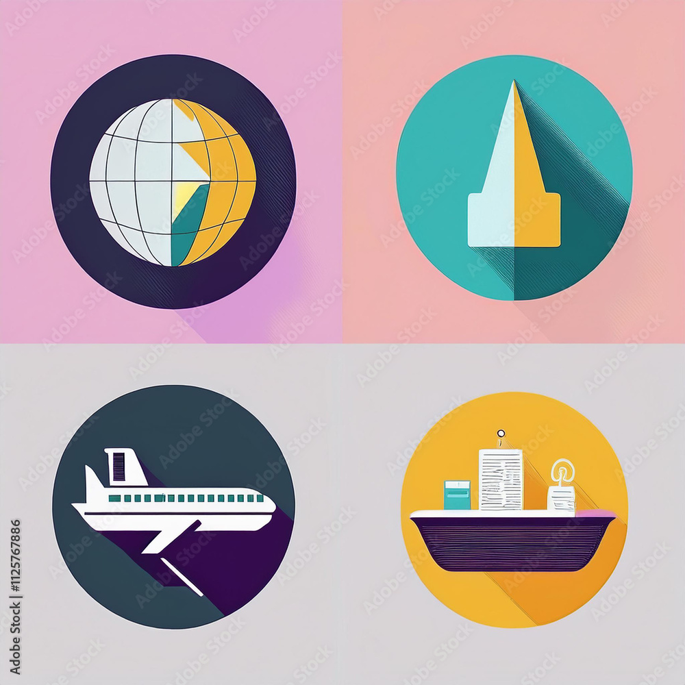 Trade and commerce-themed icons featuring shipping and international ...