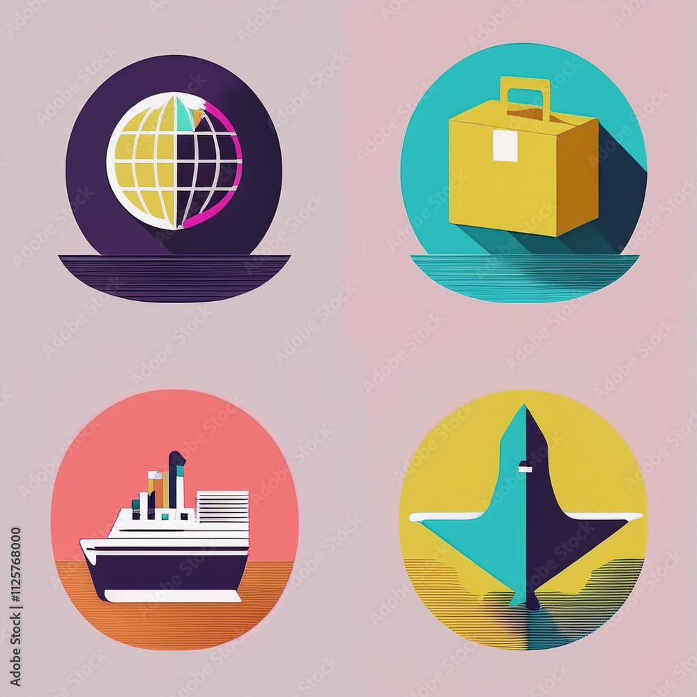 Trade and commerce-themed icons featuring shipping and international ...