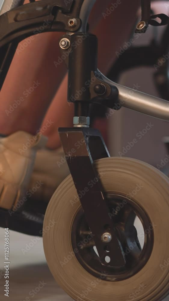 Legs of female patient with disability moving in wheelchair in room on ...