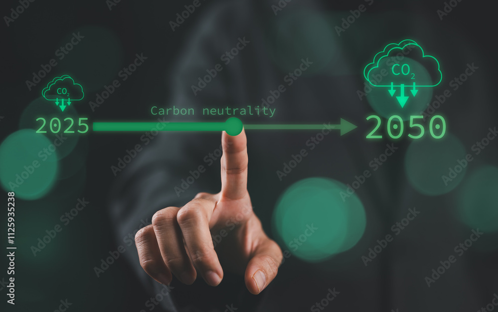 Carbon neutrality concept. Hand touching increasing arrow with carbon reduction to decrease CO2 ...