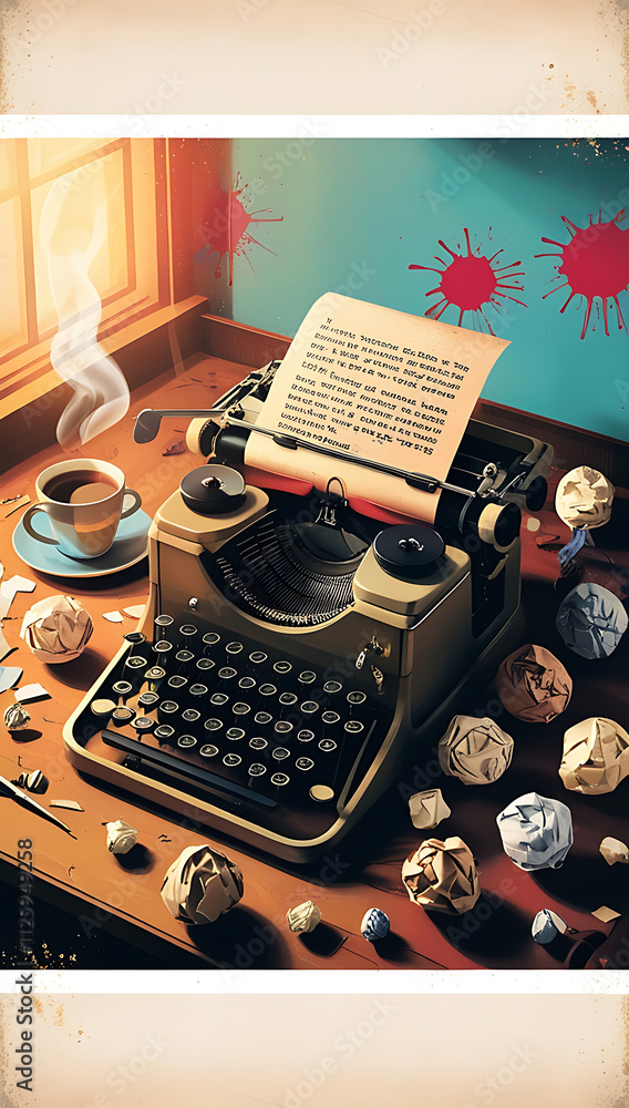 A typewriter with an unfinished manuscript lit by soft golden light and ...