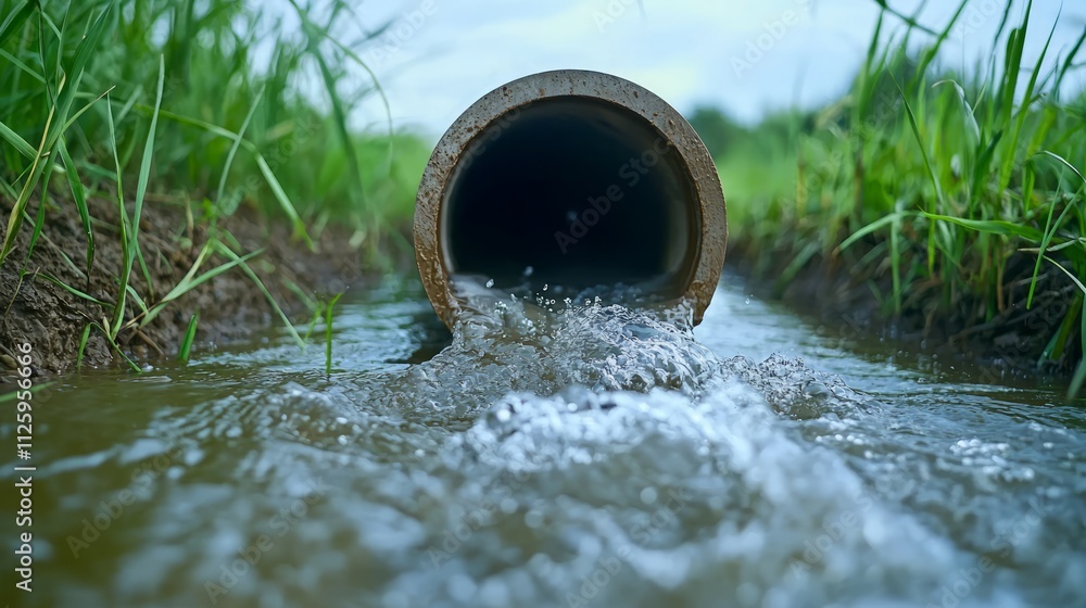 Drainage pipe close-up with sediment flow: Detailed view of water and ...