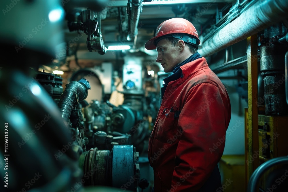 Engineer in red jumpsuit inspecting ship engine room. Illustrates ...