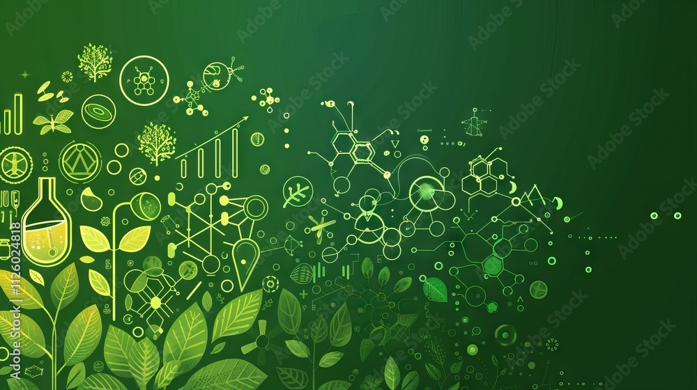 Green science and research vector illustration featuring icons for ...