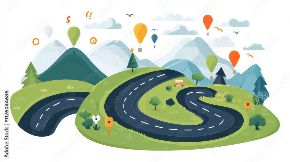 Roadmap infographic with multiple milestones and a winding path, sleek ...