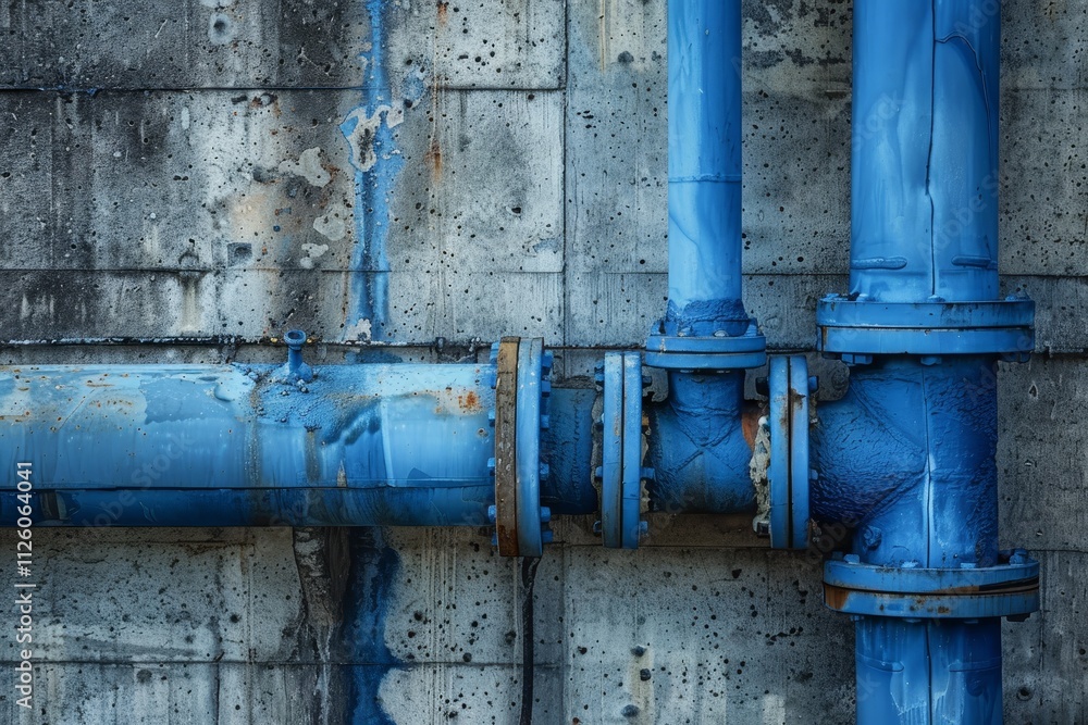 Rusting blue pipes are mounted on a weathered concrete wall, showing ...