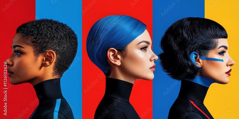 Colorful modern portrait of women in diverse fashion style. Profiles in ...