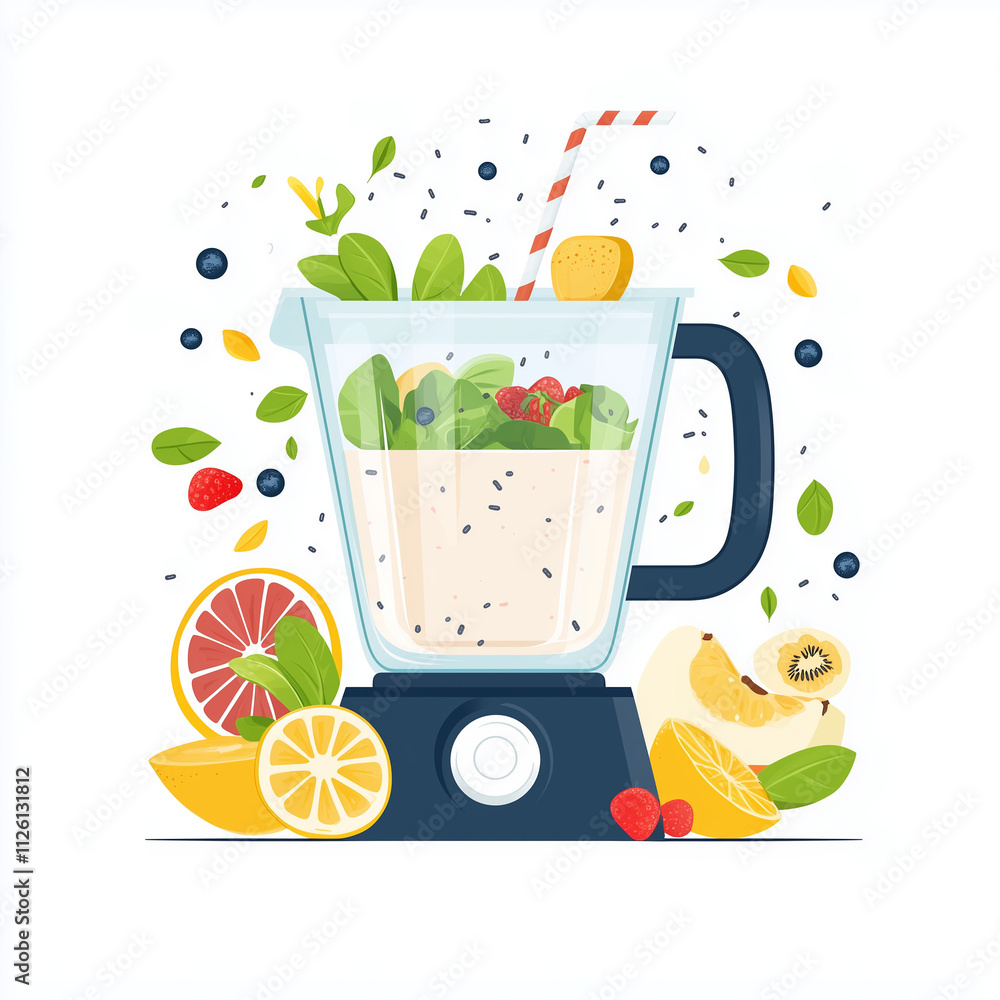 food illustration featuring a smoothie drink in a kitchen blender, with ...