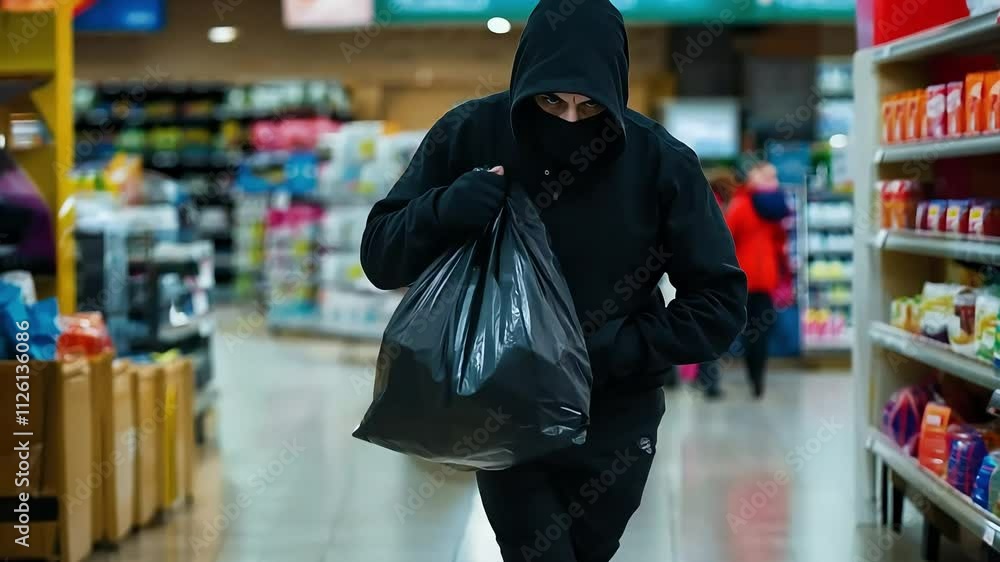 Masked man escaping with stolen goods under the cover of darkness ...