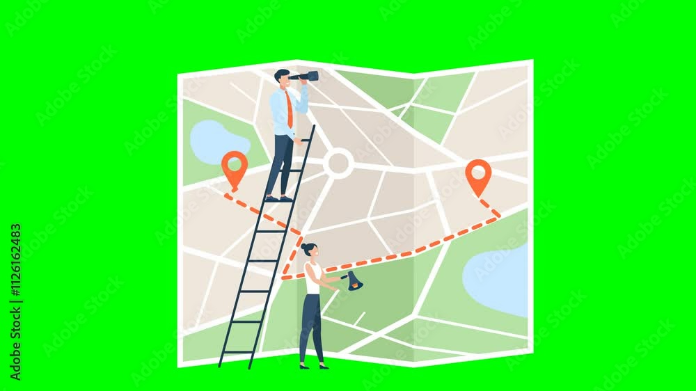 Folded City map. GPS navigator. A man looks into the distance through a ...