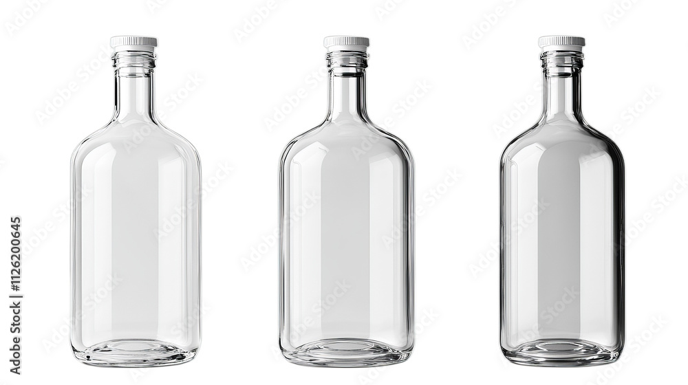 Three identical clear glass bottles with white lids. The bottles are ...