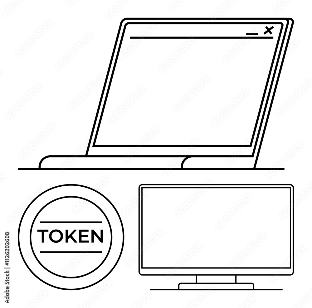 Laptop with open browser window, circular token with TOKEN text, and a ...