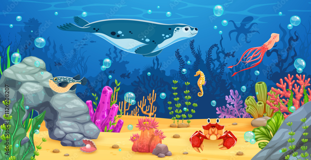 Cartoon underwater landscape with sea animals for game background ...