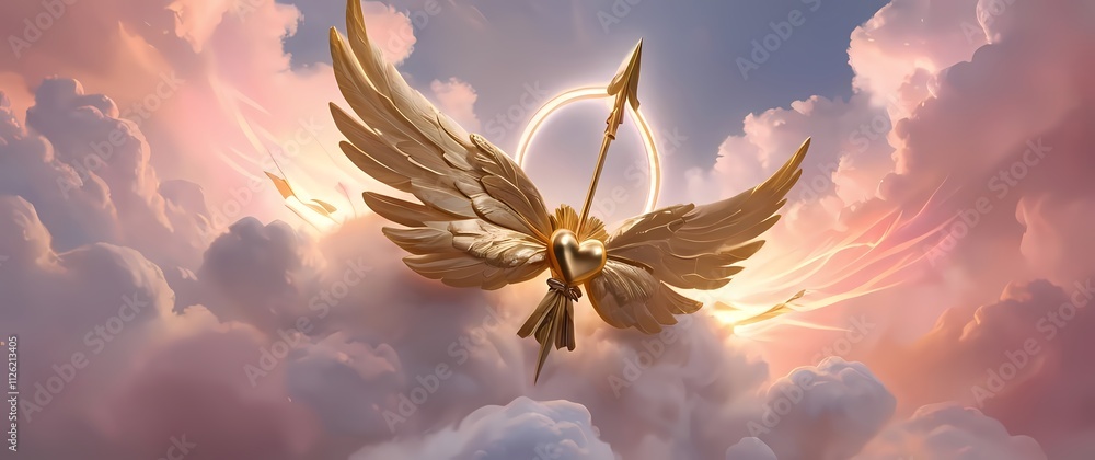 Oilpainting of Eros with his golden bow drawn floating amidst soft ...