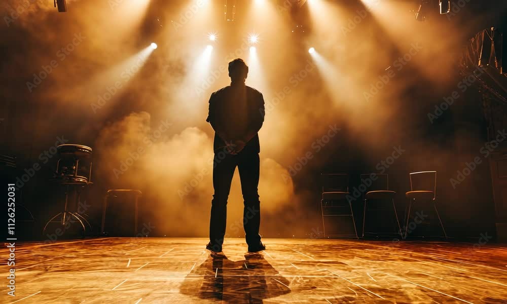 Lone male performer stands tall on fog-covered stage under warm ...