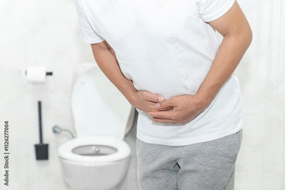 Men have stomachache and use their hands to hold their stomach In the ...