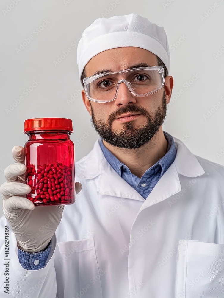 Laboratory technician handling red capsules pharmaceutical lab ...