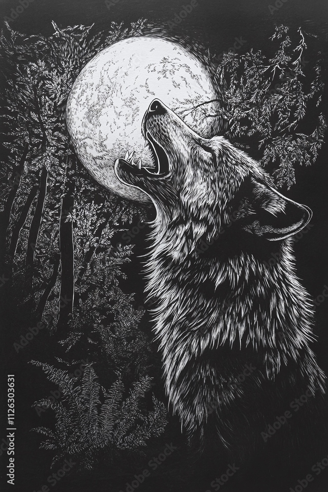 Sketch engraving of a wolf howling at the moon with detailed fur and a ...