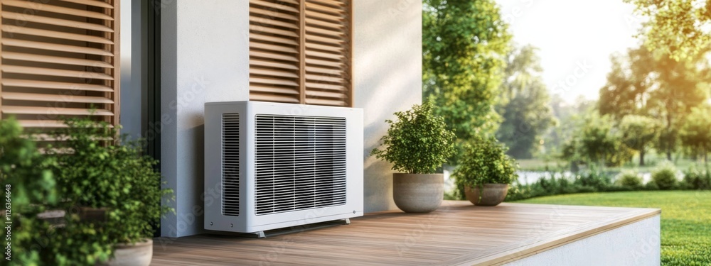 Modern White Air Conditioning Unit Installed Outdoors on House Deck ...