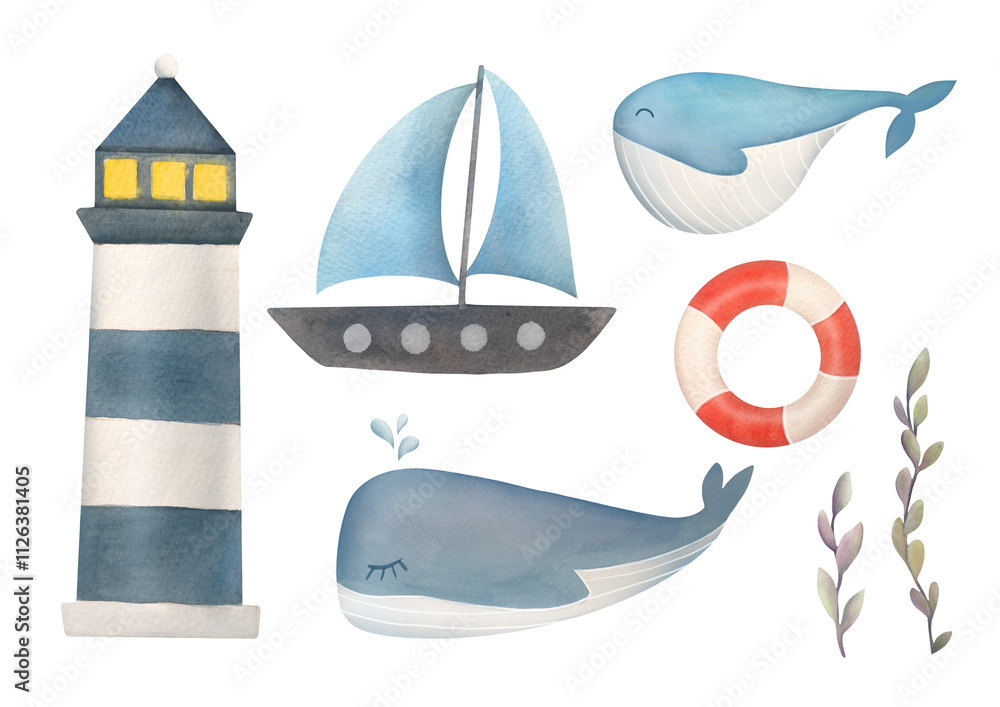 marine set of sailing ship, lighthouse, whales, lifebuoy. hand drawn ...