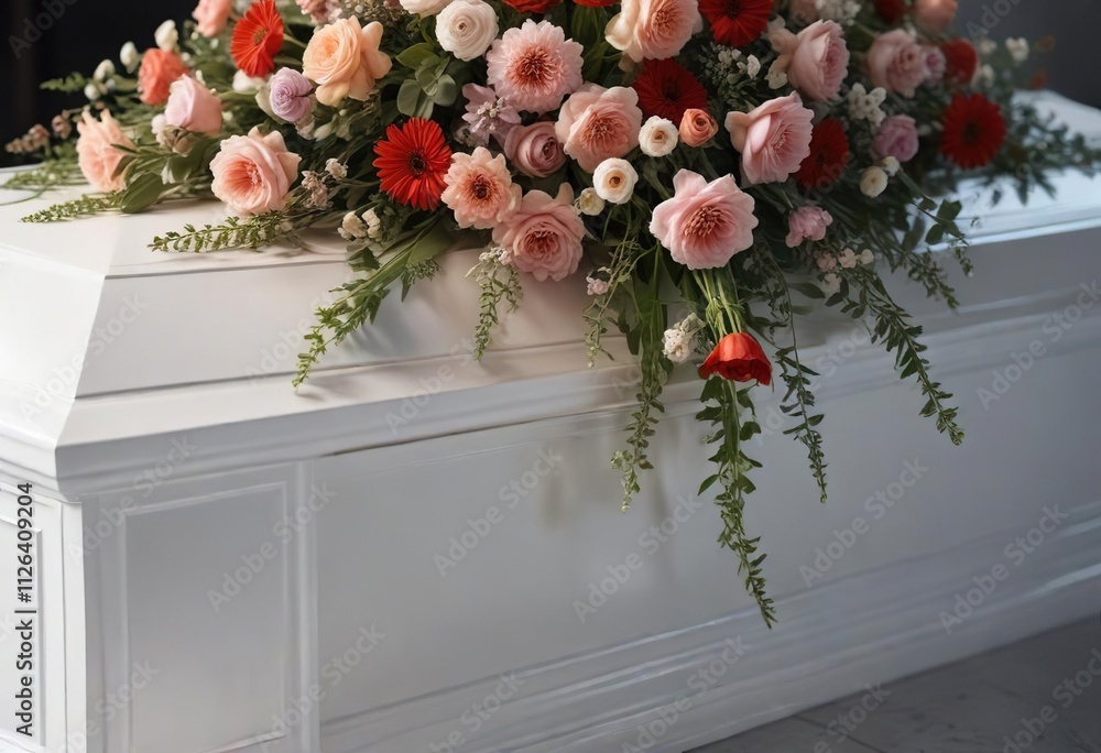 Reflection of funeral flowers on glossy coffin surface, surface ...