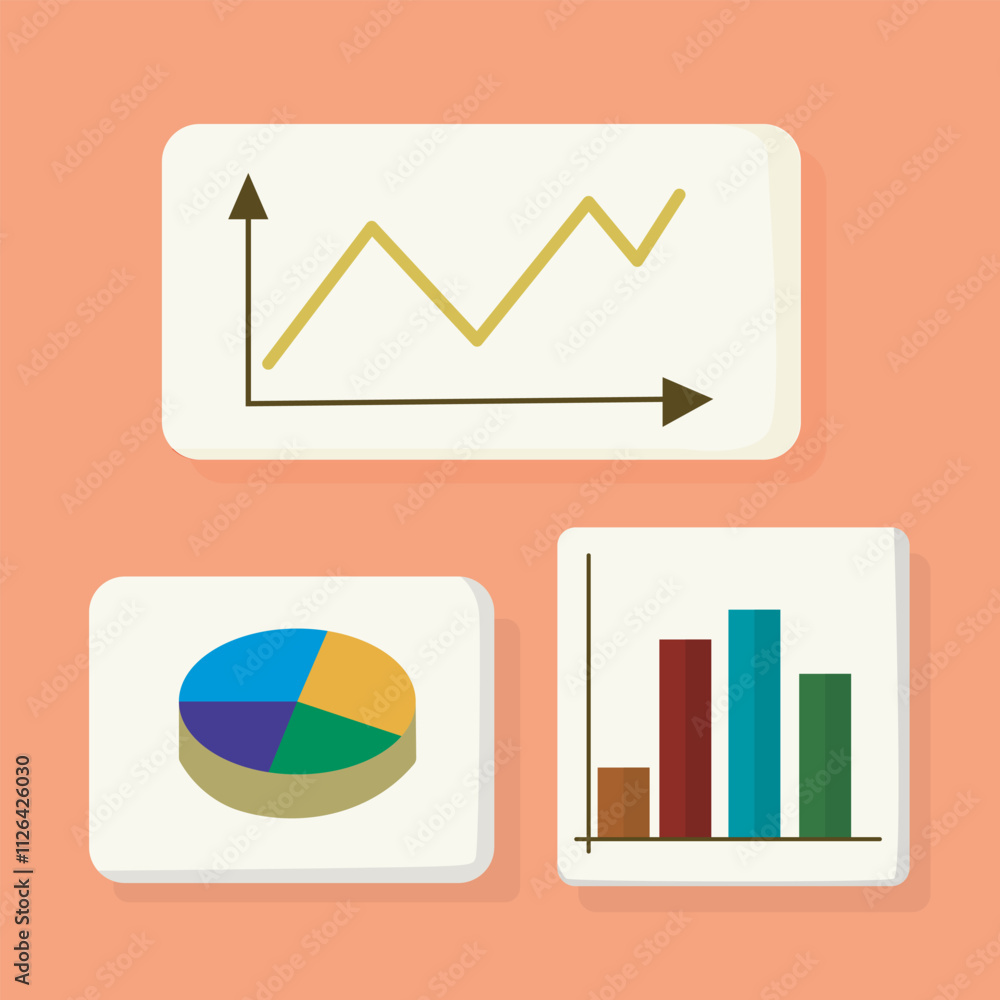vector illustration of various business charts, including a line graph ...