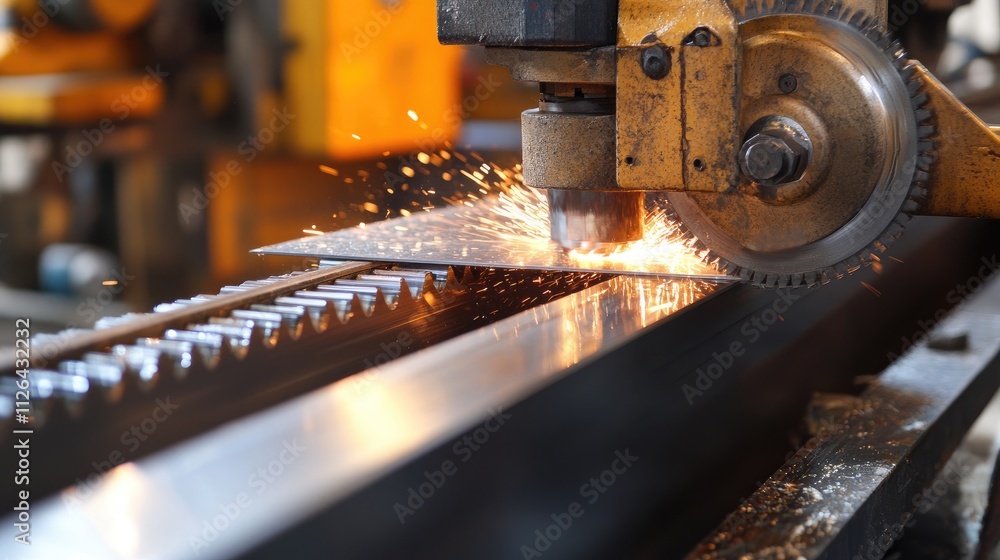 Precision metal cutting process with sparks flying from industrial saw ...