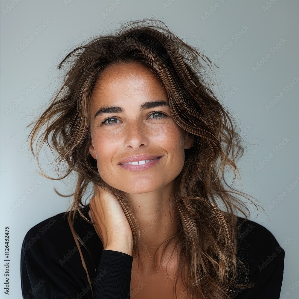 A very pretty top model beautiful 40-year-old woman who is smiling with ...
