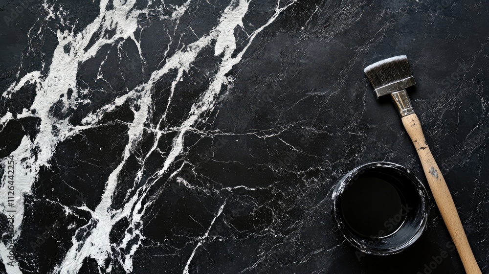 Decorative black marble pattern with white streaks and painting tools ...