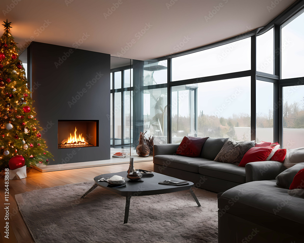 High-tech living room with smart glass walls, minimal holiday ...