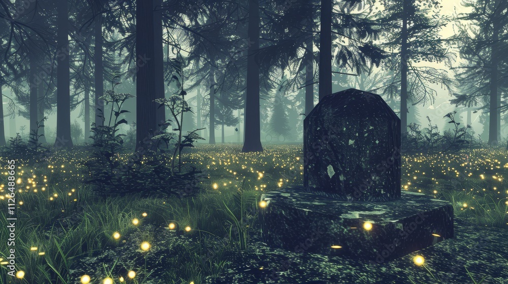 An ancient altar in the middle of a forest, overgrown with vines and ...