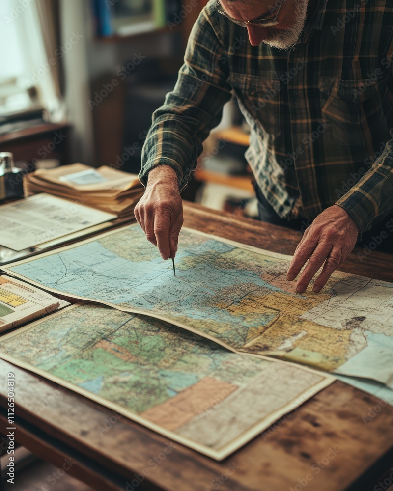 Cartographer working with cadastral maps at wooden table in office ...