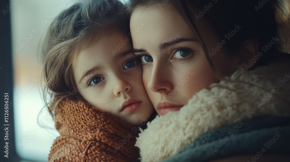 child mother family care home woman sick flu fever daughter health girl ...