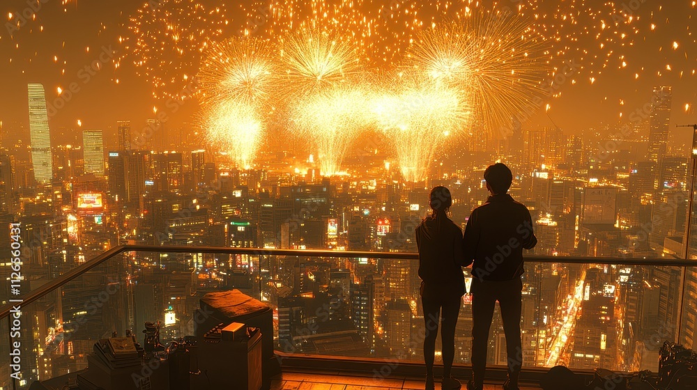 Family on a balcony watching the fireworks, New Year s Eve bonding ...