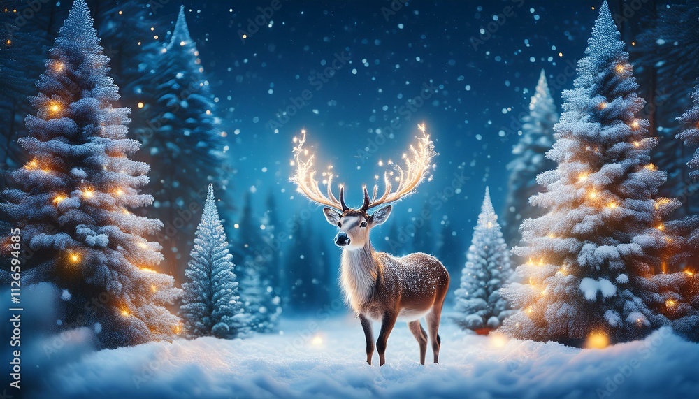 Generated imageChristmas banner with magical scene of a reindeer in ...