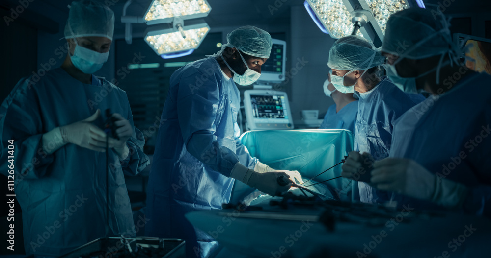 Portrait of a Surgical Team Conducting an Operation in a Dark Hospital ...